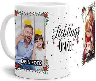 Tassendruck Tasse - Lieblings-Onkel - zum selbst Gestalten mit zwei Fotos - Fototasse für den Onkel - Keramik, Weiß, 300 ml