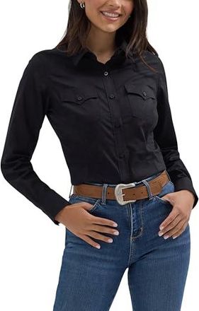 Wrangler Chemise Western r&eacute;tro &agrave; Manches Longues pour Femme Bleu uni, Noir, Taille S