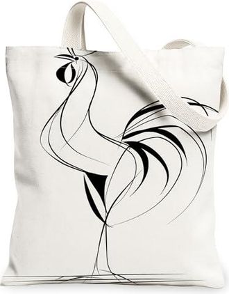 Generic Sac fourre-tout moderne et minimaliste en toile, motif coq &eacute;l&eacute;gant, sac d&eacute;picerie r&eacute;utilisable, l&eacute;ger et lavable avec bandouli&egrave;re, blanc, 13x15 Inch