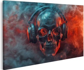 Islandburner Bild auf Leinwand Totenkopf mit Kopfh&ouml;rern in mystischem Nebel Bilder Wandbilder Poster