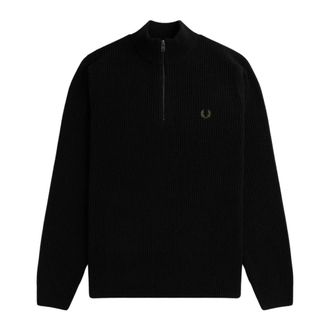 Fred Perry Schwarzer gerippter Half-Zip Rollkragenpullover - - Knitwear - Herren - Schwarzk - 2XL