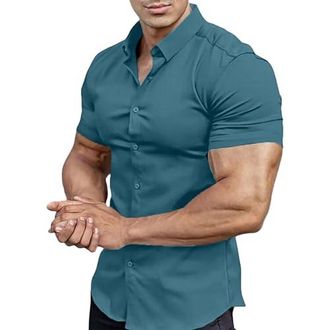 Generic Chemise habill&eacute;e coupe ajust&eacute;e pour homme, chemise daffaires &agrave; manches courtes, couleur unie, chemises formelles grande taille, hauts boutonn&eacute;s, haut 