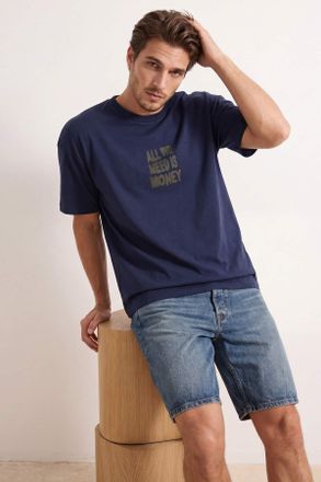 Trendyol MAN Herren Dunkelblau Slogan Kurz Oversize T-Shirts