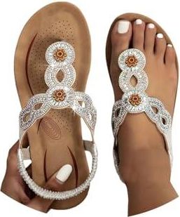 Generic Sandales plates d&eacute;t&eacute; d&eacute;contract&eacute;es et l&eacute;g&egrave;res &agrave; enfiler en similicuir avec barre en T et strass pour femme, E argent., 39.5 EU