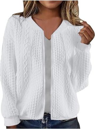 Generic 2026 Vestes d&eacute;contract&eacute;es &agrave; fermeture &eacute;clair en jacquard &agrave; manches longues pour femme, blanc, XXL