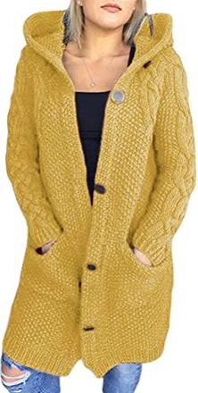 TOMWELL Femme Gilets Cardigan Long en Tricot&eacute; Veste Capuche Veste en Tricot Chaud Hiver Pull Ouvert Manteau Chaud &Eacute;pais A Jaune XS