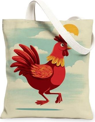 Generic Sacs fourre-tout en toile de coq, motif poule vif, sacs d&eacute;picerie r&eacute;utilisables, sacs d&eacute;picerie fantaisie, rustique, l&eacute;ger, lavable, Rouge, 13x15 Inch