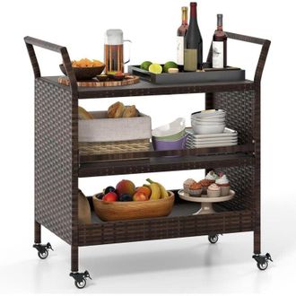 Costway Chariot de Bar Ext&eacute;rieur, &Eacute;tag&egrave;re de Rangement en Rotin &agrave; 3 Niveaux avec Roues Universelles Verrouillables & Poign&eacute;es Lat&eacute;rales, 86 x 50 x 89 cm