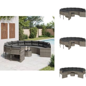 vidaXL Gartensofa mit Tisch und Kissen Rund Grau Poly Rattan - Gartenm&ouml;bel - Outdoor-Sofa - Rattan-Sofa - Gartensofa - Lounge Set