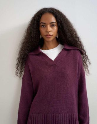 Topshop pull polo en maille &agrave; ourlet arrondi avec col et laine, couleur m&ucirc;re-VIOLET