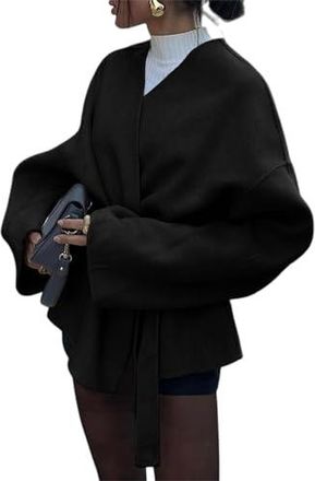 Generic Cardigan en tricot avec ceinture fronc&eacute;e &agrave; la taille pour femme, &eacute;l&eacute;gant et &eacute;l&eacute;gant, &agrave; manches longues, ouvert sur le devant, Noir, S