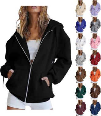 Generic Sweatjacke Damen mit Rei&szlig;verschluss Oversize Baumwolle Kapuzenjacke Mode Kapuzenpullover Hoody mit Kapuze &Uuml;bergangsjacke Gro&szlig;e Gr&ouml;&szlig;en Jacken Casual Sw