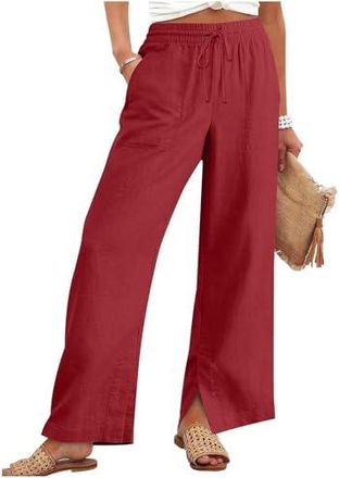 Generic Pantalon Palazzo en coton et lin pour femme - Taille haute &eacute;lastique - Coupe ample - Jambe large - Avec poches - V&ecirc;tements d&eacute;t&eacute; d&eacute;contract&eacute;s, Rouge, X