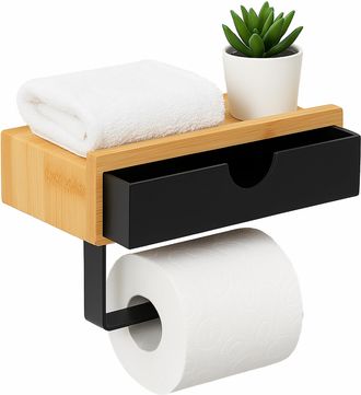 Relaxdays Toilettenpapierhalter mit Ablage f&uuml;r Handy, Schl&uuml;ssel, Klopapierhalter aus Bambus und Metall, schwarz/Natur