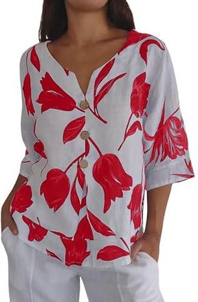 Generic Chemise Femme Coton Et Lin Chic D&eacute;contract&eacute;e Chemises D&eacute;t&eacute; Manche Longue Col en V L&acirc;che Haut L&eacute;ger Respirant Tunique Mode Coton Et Lin Grande Taille C