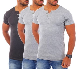Young & Rich T-Shirt Herren basic fein gerippt mit trendigen extra gro&szlig;en Kn&ouml;pfen 1872 mit Knopfleiste unifarben kurzarm slim fit