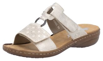 Rieker Pantolette RIEKER, Damen, Gr. 38, beige (creme), Lederimitat, metallic, Schuhe Pantolette, Sommerschuh, Strandschuh, Klettschuh mit Perforation, Topse
