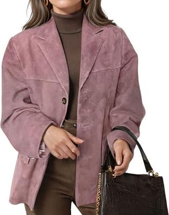Generic Veste blazer en daim synth&eacute;tique pour femme avec revers crant&eacute; simple boutonnage en cuir, rose, XL