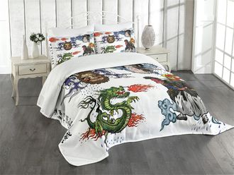 Abakuhaus japanisch Tagesdecke Set, Manga Stil Drache, Set mit Kissenbez&uuml;gen Sommerdecke, f&uuml;r Einzelbetten 170 x 220 cm,Gr&uuml;n Blau