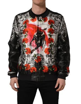 Dolce & Gabbana Mens Multicolor Majolica Bull Print Bomber Jacket Silk Clothing