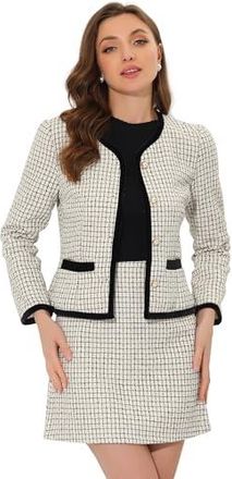 Allegra K Ensemble de Costume pour Femme 2 pi&egrave;ces Tenues Plaid Tweed Court Blazer Veste et Ensembles de Jupe Blanc XS