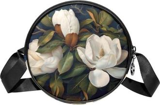 Generic Sac &agrave; bandouli&egrave;re Circle pour femme, petit sac &agrave; bandouli&egrave;re Magnolias avec fermeture &eacute;clair, bretelles r&eacute;glables, sac &agrave; main rond d&eacute;contract&eacute; pour fe