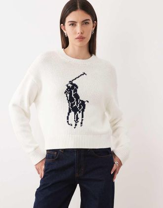 Polo Ralph Lauren Pull en maille de coton avec grand motif joueur de polo - Blanc