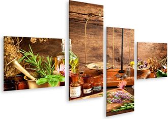 Islandburner Bild Bilder auf Leinwand Alte Naturheilkunde, Kräuter, Fläschchen und Schuppen auf Holzuntergrund Wandbild, Poster, Leinwandbild QNC