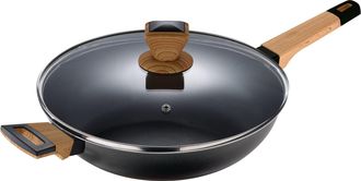 Bergner Earth | Tiefe Bratpfanne 28x7,5 cm mit Deckel | Schwarz | Hergestellt aus Gepresstem Aluminium mit Ergonomischen Holzgriffen | Küchenzubehör | Geeigne