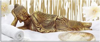 Pixxprint Glasbild Panorama, Wandbild aus Echtglas, goldener Buddha auf Handtuch, 100x40 cm, inkl. Aufhängung und Abstandshalter