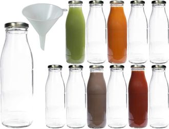 Viva Haushaltswaren 12 x Weithals-Glasflasche 500 ml mit goldfarbenem Schraubverschluss, als Milchflasche, Saftflasche & Smoothieflasche verwendbar (inkl. Trichter Ø 12 c