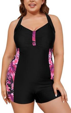SHEKINI Rash Guard Maillot de Bain Grande Taille Gainant Boyleg Maillot de Bain Grande Taille Femme 1 Piece(XXL, Imprim&eacute; Rouge)