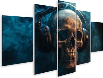 Islandburner Bild auf Leinwand Totenkopf mit Kopfh&ouml;rern in blauem Rauch Bilder Wandbilder Poster