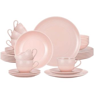 SELTMANN WEIDEN Amina Rosé Kombiservice 30-teilig, Komplettes Geschirr-Set für 6 Personen, Tafel- und Kaffee-Geschirr mit dezentem Relief-Muster, Porzellan, Rosa