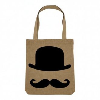 Fabulous Sac Shopping Tote Bag Aspect Lin - Gentleman Design Noir et Blanc Chapeau Melon et Moustache - Sac de Courses Toile Epaisse 360g Beige Naturel Cabas P