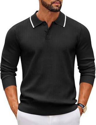 Coofandy Pull Homme &agrave; Col Polo Manches Longues Tricot Fin Patte de Boutonnage Style Loisirs Basic Coupe Regular Fit Noir 3XL