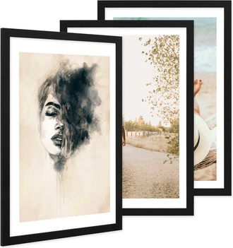 Photolini Bilderrahmen 40x60 Schwarz Holz MDF, 3er Set breite 40x60 cm Bilderrahmen mit bruchsicheres Acrylglas, Rahmen 60x40 schwarz zum Aufhängen & Zubehör - 