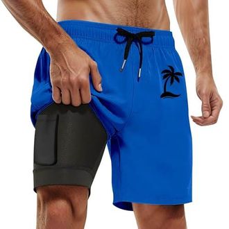 Generic Maillot de bain pour homme - Short d&eacute;t&eacute; tendance - Imprim&eacute; noix de coco - Double couche int&eacute;rieure - Pantalon de plage avec poche, bleu, 5XL