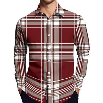 Generic Chemise &agrave; carreaux pour homme - Chemise &agrave; manches longues avec col classique et motif &agrave; carreaux moderne - En mat&eacute;riau facile dentretien pour la vie q
