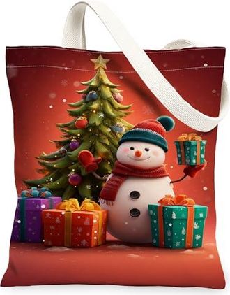 Generic Sac fourre-tout en toile motif bonhomme de neige de No&euml;l, sac de courses r&eacute;utilisable, amusant, l&eacute;ger, lavable, Rouge, 13x15 Inch