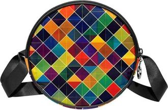 Generic Petit sac &agrave; bandouli&egrave;re circulaire pour femme, motif g&eacute;om&eacute;trique en treillis, petit sac &agrave; dos &agrave; bandouli&egrave;re avec fermeture &eacute;clair, bretelles r&eacute;glables