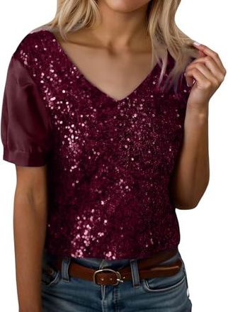 Generico Chemisier &agrave; paillettes avec col en V Grandes tailles - Haut brillant &eacute;l&eacute;gant &agrave; manches courtes et paillettes - Haut pour f&ecirc;tes et cocktails - Haut bri