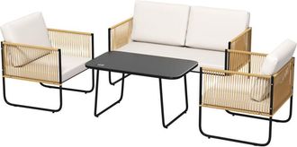 OUTSUNNY Salon de jardin 4 personnes 4 pi&egrave;ces style colonial acier noir r&eacute;sine filaire naturel