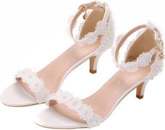 Yarnow Sandales &agrave; Talons Blancs pour Femmes Chaussures &Eacute;l&eacute;gantes Dentelle Talons Hauts pour Mariage Et Occasions Sp&eacute;ciales
