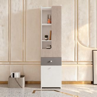 Generic Hohes Bücherregal in Weiß+Ulme+Grau | Teenager-Regal mit L-förmiger Tür | Schublade & Aufbewahrungsschrank | Türen mit Scharnieren & Metallknöpfen | M