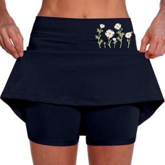 Generic Jupe-short de yoga &eacute;lastique pour femme, couleur unie, short de tennis athl&eacute;tique, l&eacute;ger, contr&ocirc;le du ventre, jupes &agrave; imprim&eacute; floral, noir fonc&eacute;, 4XL