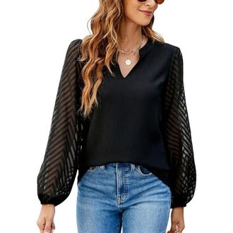 Generic Haut d&eacute;contract&eacute; pour femme, chemisier &agrave; manches longues en dentelle transparente pour le travail, le bureau, chemise pliss&eacute;e &agrave; col en V, tenue formel