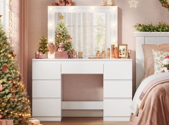 Woltu Schminktisch mit LED-Beleuchtung, einstellbare Helligkeit, Kosmetiktisch mit großem Spiegel, Frisiertisch mit 7 Schubladen, 110x140,5x39,5 cm, für Sch