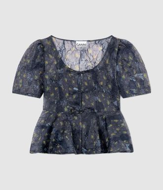 Ganni Blouse Printed Shibori Sun Cut Peplum Black Sand