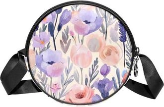 Generic Petit sac &agrave; bandouli&egrave;re circulaire pour femme, motif feuilles florales, sac &agrave; dos avec fermeture &eacute;clair, bretelles r&eacute;glables, sac &agrave; main rond d&eacute;contra